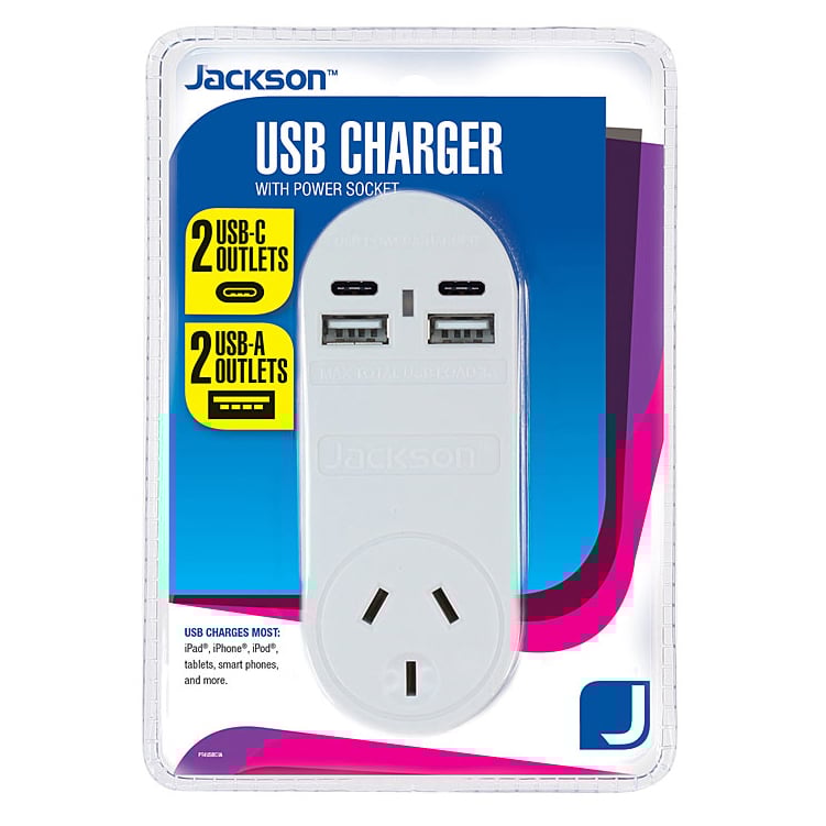 Jackson Outlet Power Adapter with 4 USB Charging Ports (2 x USB-A & 2 ...