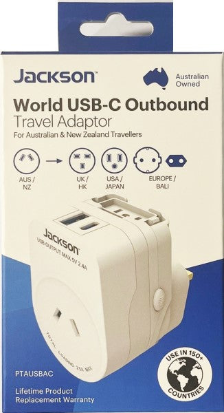 Jackson Universal Outbound Travel Adaptor with 1 USBA & 1 USBC Chargin ...